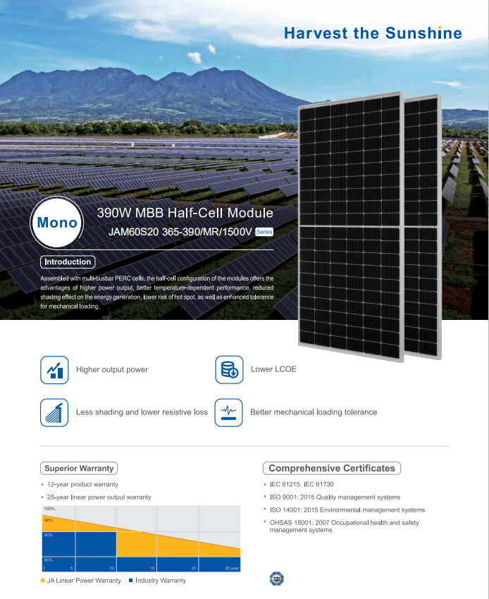 365W-390W JA Half-Cell Mono Solar Module