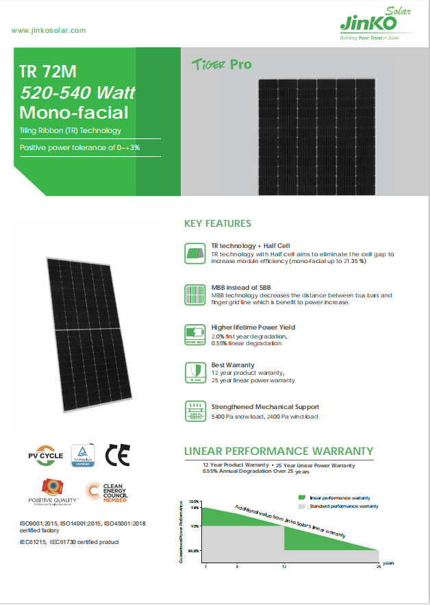 520W-540W Jinko Half-Cell Mono solar panel / solar module